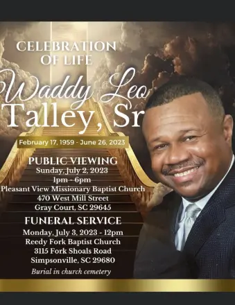 Obituary information for Pastor Waddy L Talley, Sr.