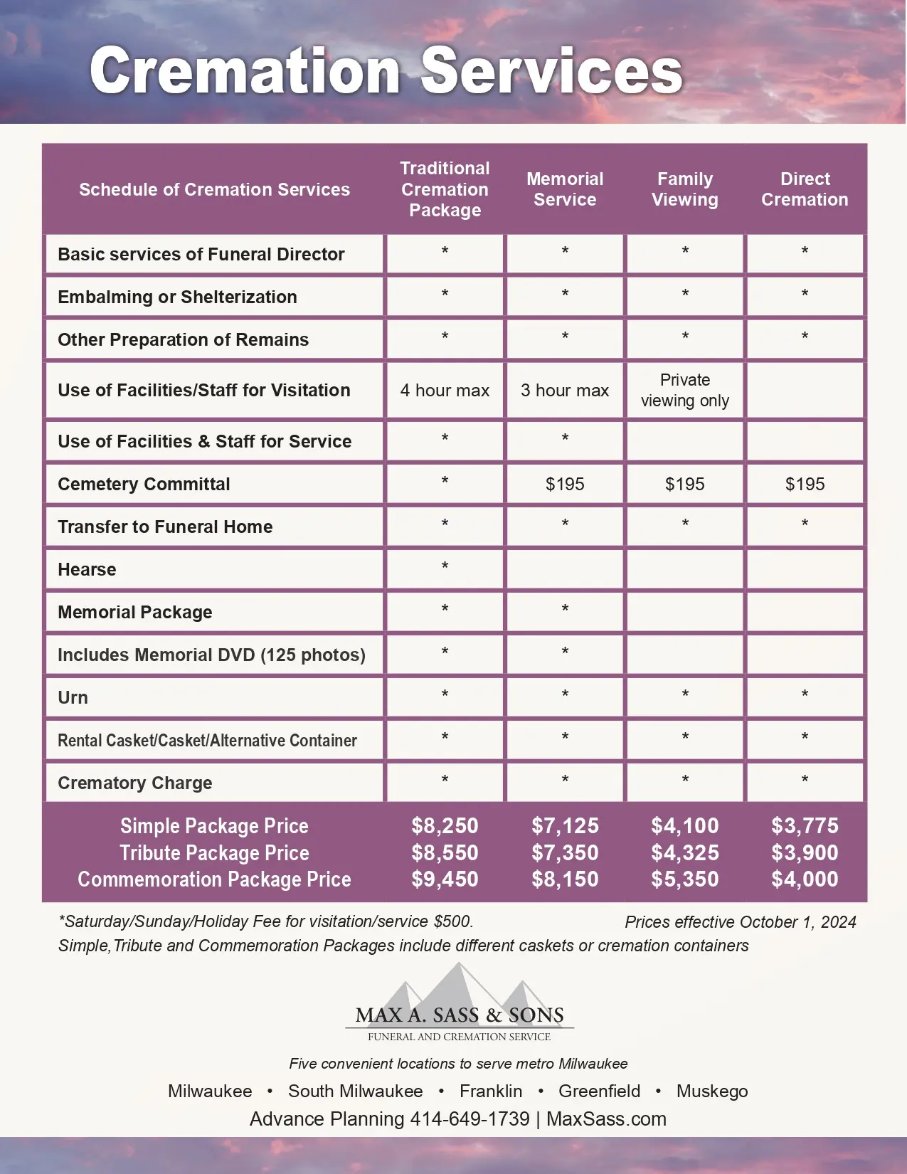 Service Pricing | Max A. Sass & Sons Funeral And Cremation Service