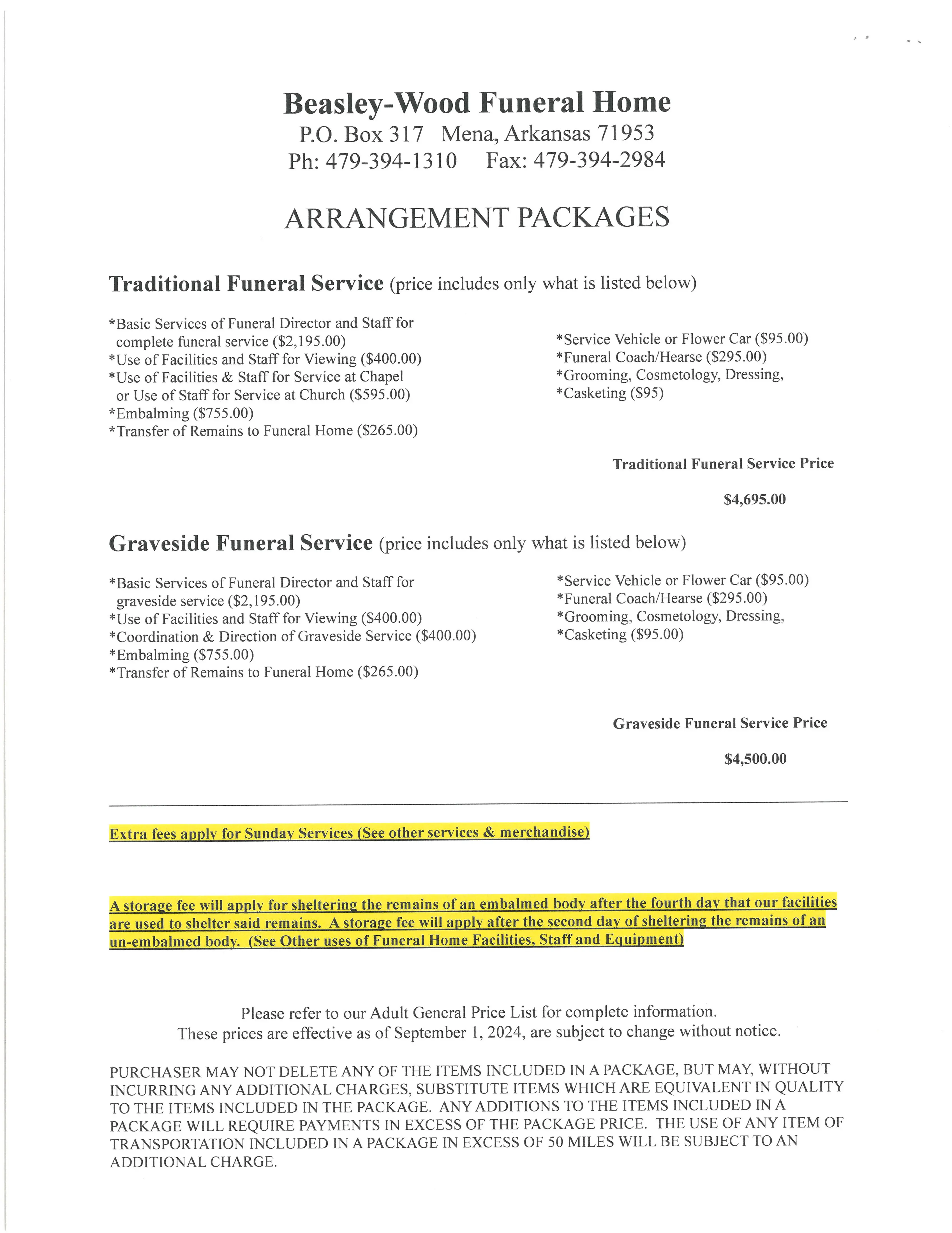 General Price List | Beasley-Wood Funeral Home