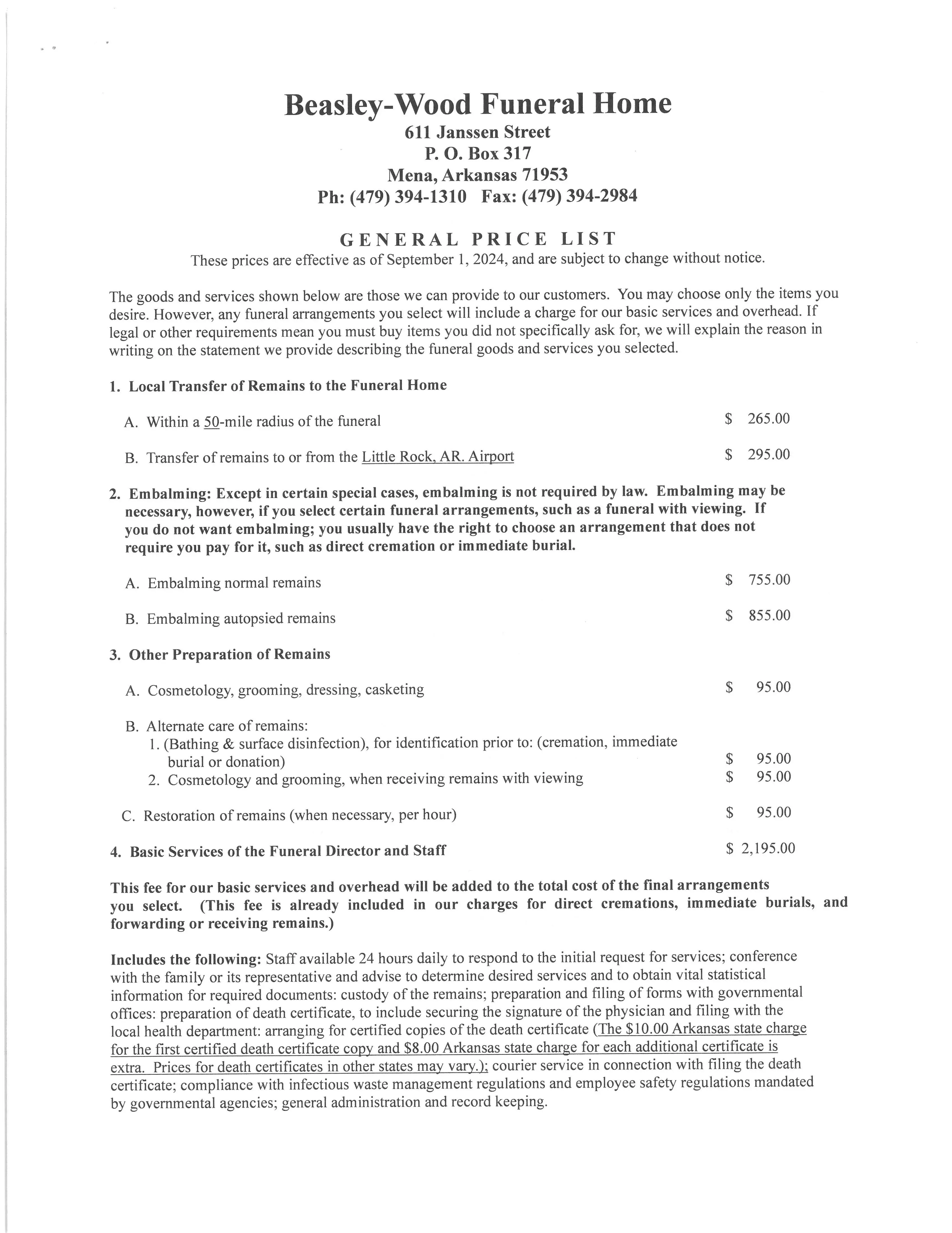 General Price List | Beasley-Wood Funeral Home