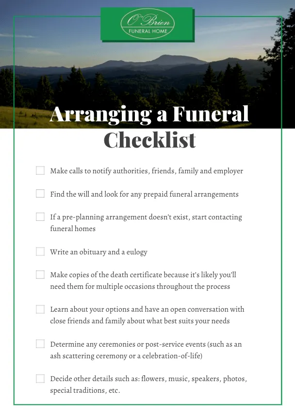Arranging a Funeral Checklist | O'Brien Funeral Home